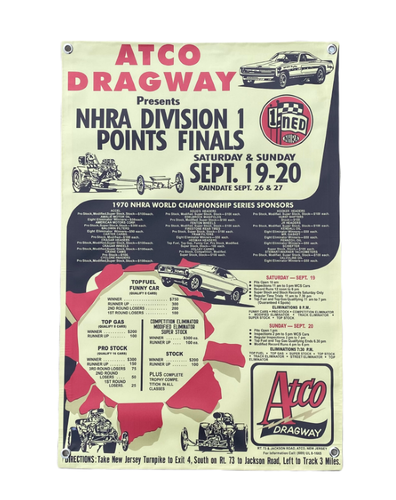 ATCO DRAGWAY Division One Point Finals 1970 Banner – Merchants of Speed
