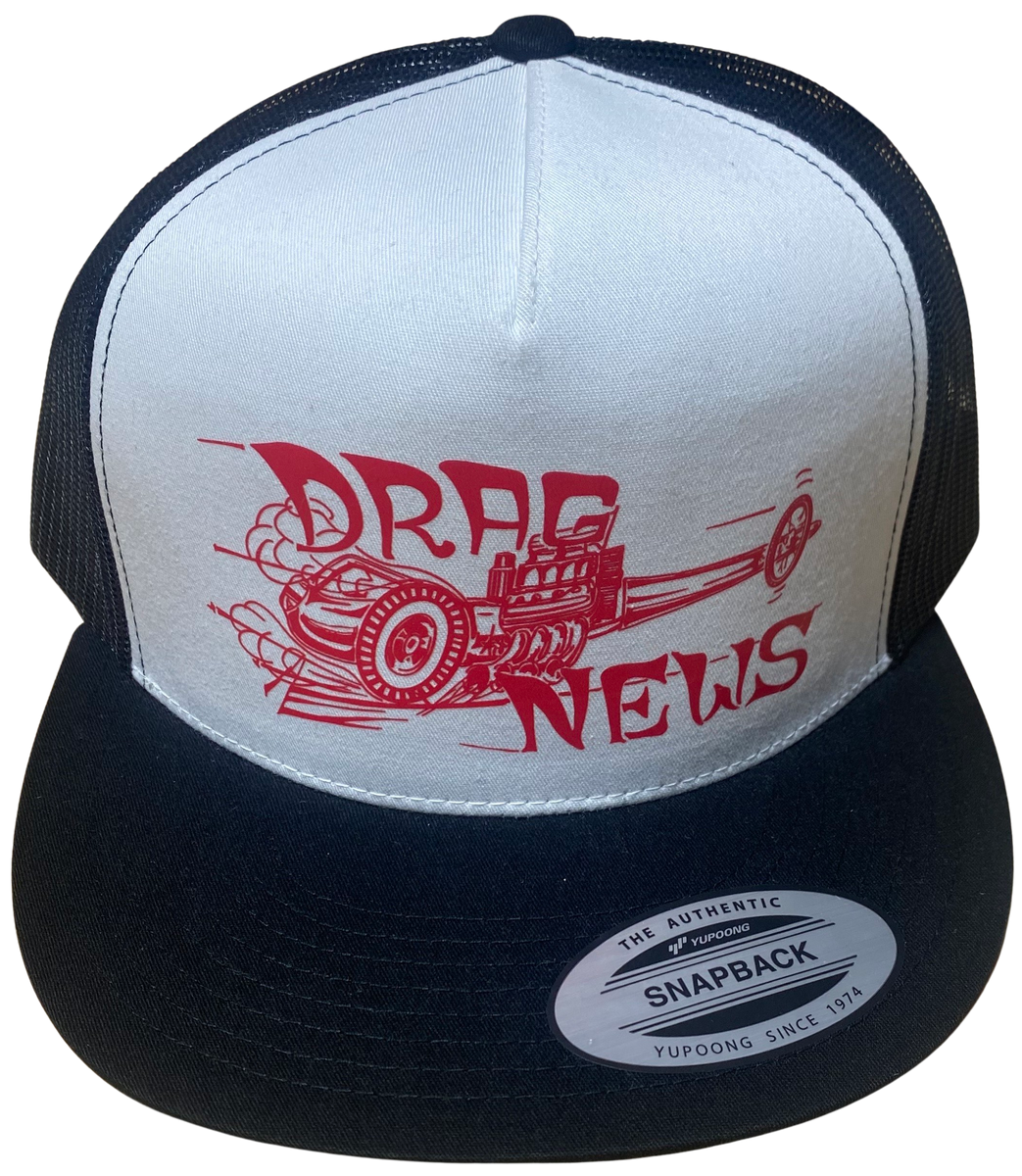 DRAG NEWS Dragster Logo Flat Brim White Black Trucker Hat – Merchants ...